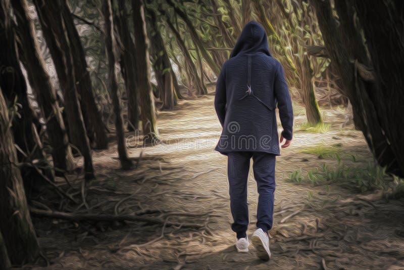 Man Walking through Dark Woods Stock Photo - Image of plant, autumn ...