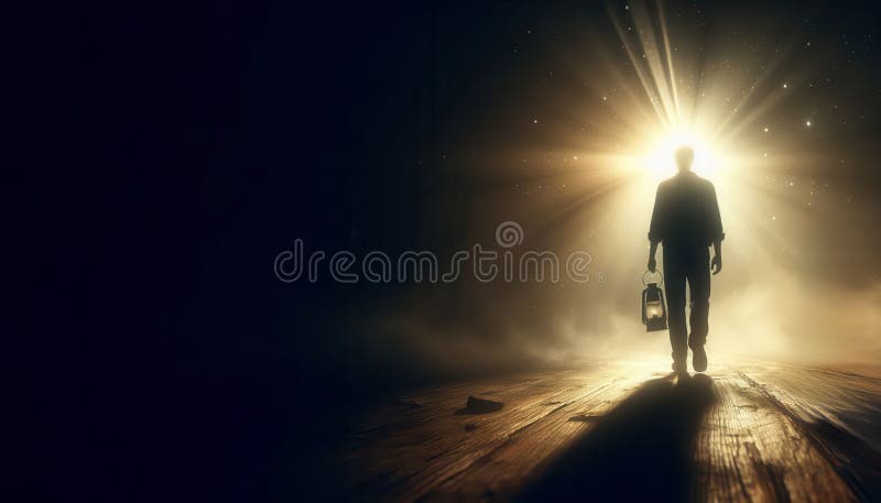 A Man Walking from Darkness To Light with an Old Lantern in His Hand ...