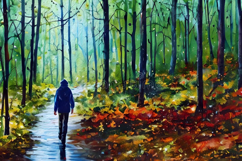 Man Walking in Deep Forest Digital Painting Stock Illustration ...