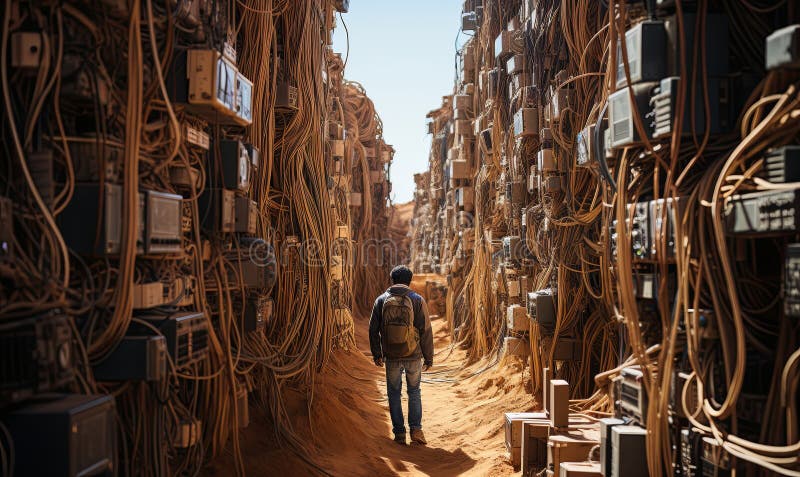 Man Walking through Dense Network of Wires Stock Image - Image of ...