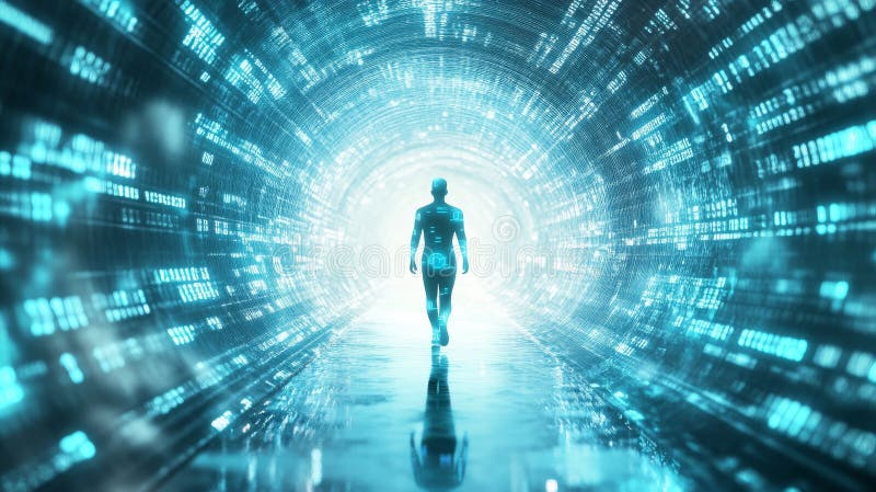 Man Walking through Digital Tunnel, Symbolizing Tech Concept with ...