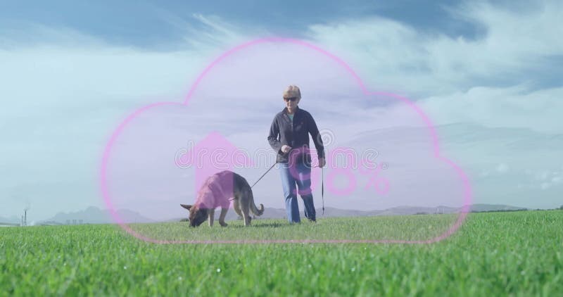 Man Walking Dog in Field with Cloud Upload Animation Overlay Stock ...