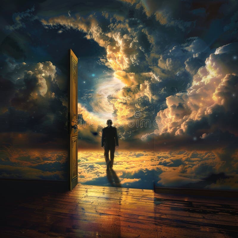 Man Walking through Door into a Surreal Sky Stock Illustration ...