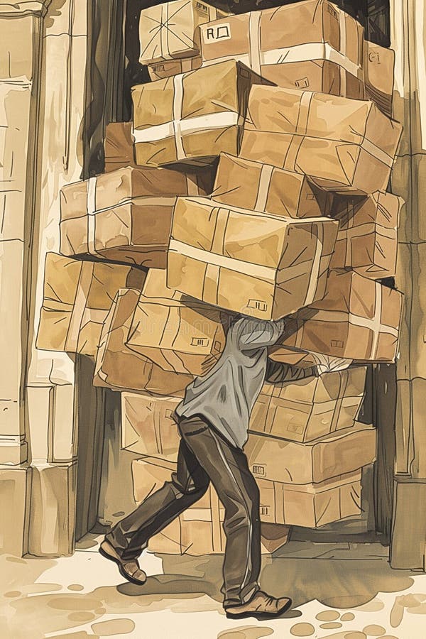 Man Carrying a Large Stack of Boxes in a Doorway Stock Illustration ...