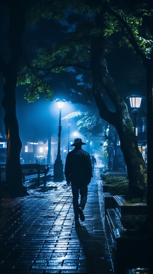 A Man Walking Down a Dark Street at Night Stock Illustration ...