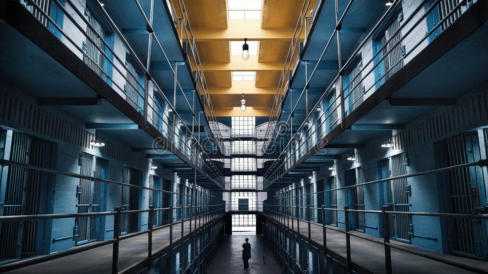 A Man Walking Down a Hallway in an Empty Jail Cell, AI Stock Image ...