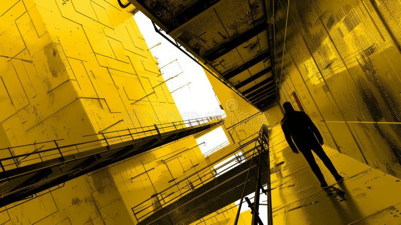 A Man Walking Down a Hallway with Yellow Walls and Stairs, AI Stock ...