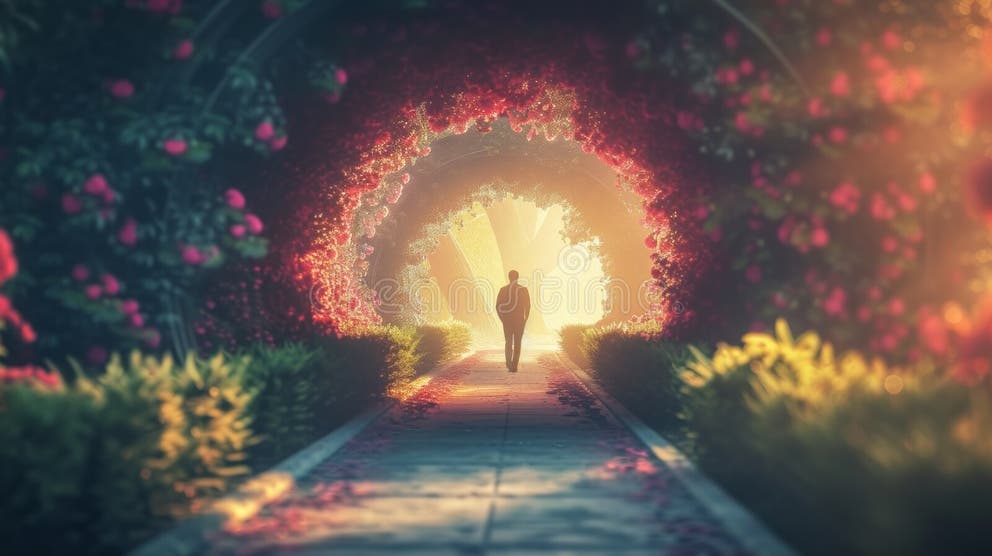 A Man Walking Down a Path through an Archway of Flowers, AI Stock ...