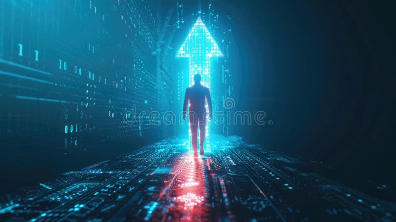 A Man is Walking Down a Path with a Blue Arrow Pointing Upwards Stock ...