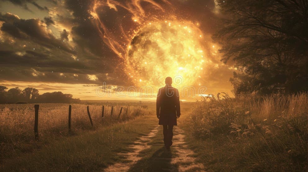 A Man Walking Down a Path in Front of an Exploding Sun, AI Stock Photo ...