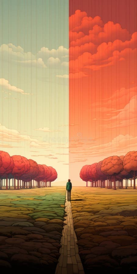 Man Walking Down Path, Sunset Illustration with Narrative Diptych Style ...