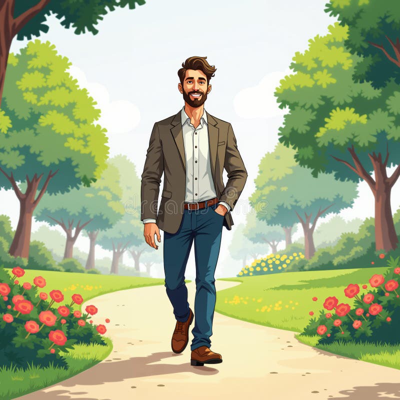 Man walking down pathway stock illustration. Illustration of hair ...