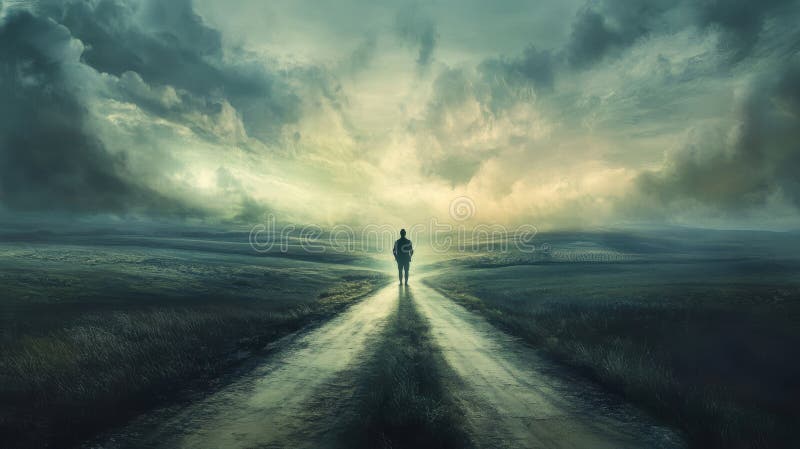 A Man is Walking Down a Road in a Desolate Landscape Stock Illustration ...