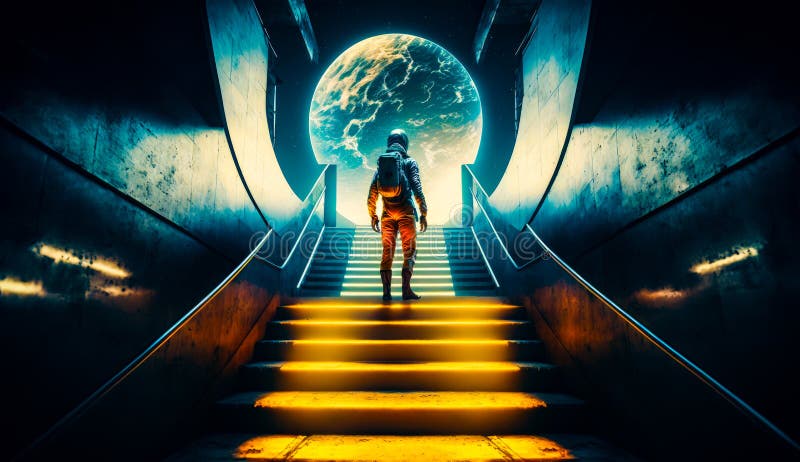 Man is Walking Down Set of Stairs. Generative AI Stock Illustration ...