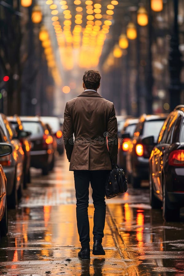 A Man Walking Down a Street Filled with Lots of Traffic Stock Image ...