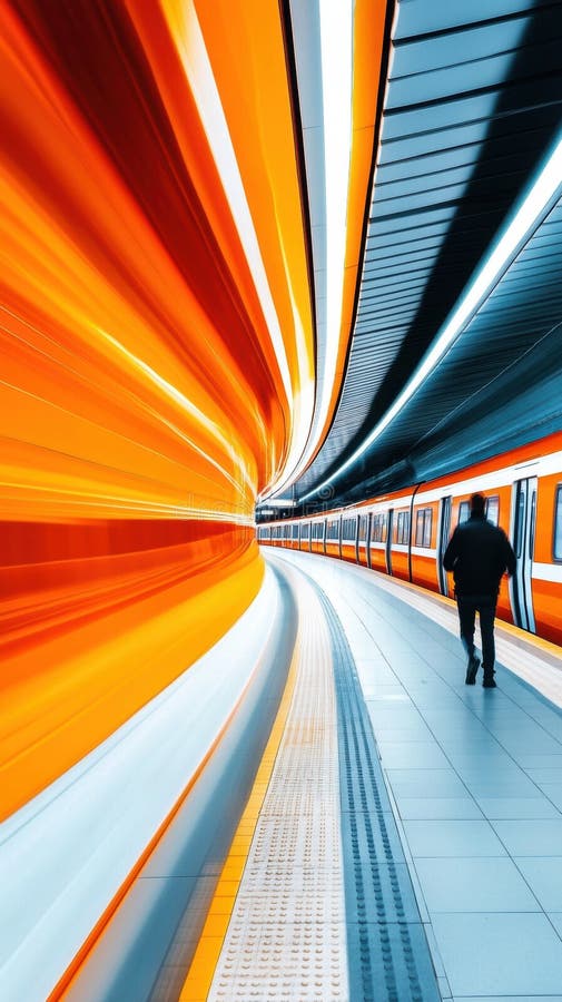 A Man Walking Down a Subway Platform with the Train Coming, AI Stock ...