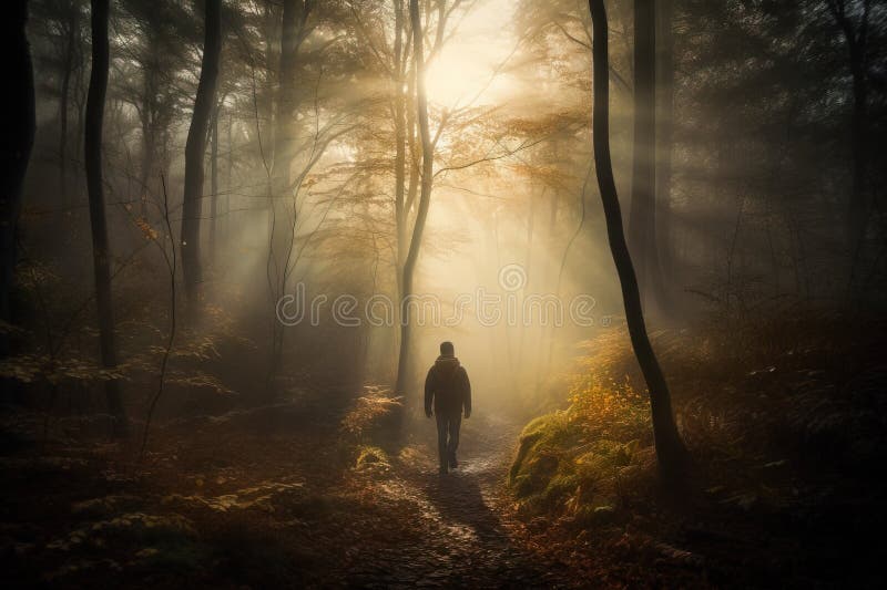 A Man Walking Down a Trail in a Forest with Fog on the Ground and Trees ...