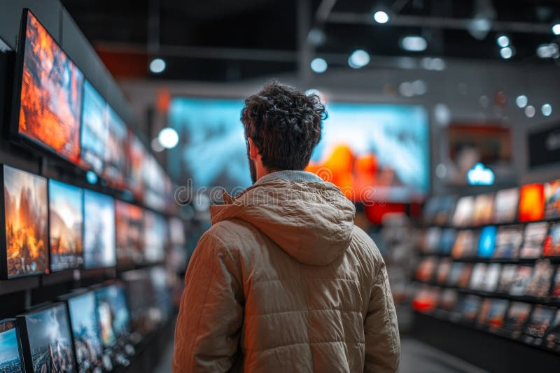 Man Walking through Electronics Store, Looking at New Television ...