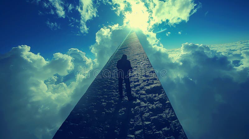 Man Walking on Elevated Pathway Above the Clouds Stock Illustration ...
