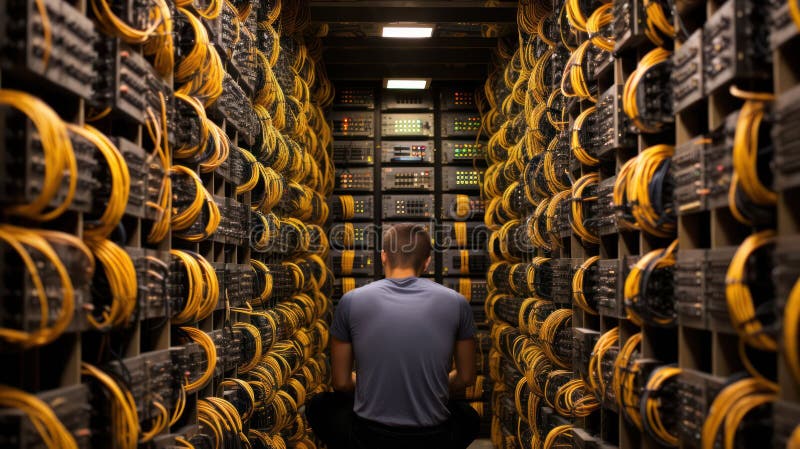 A Man Walking through an Entire Server System with Yellow Cables Stock ...