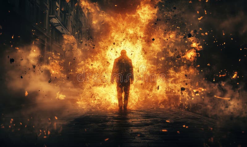 Man Walking through Explosion, Fiery Background, Urban Setting ...