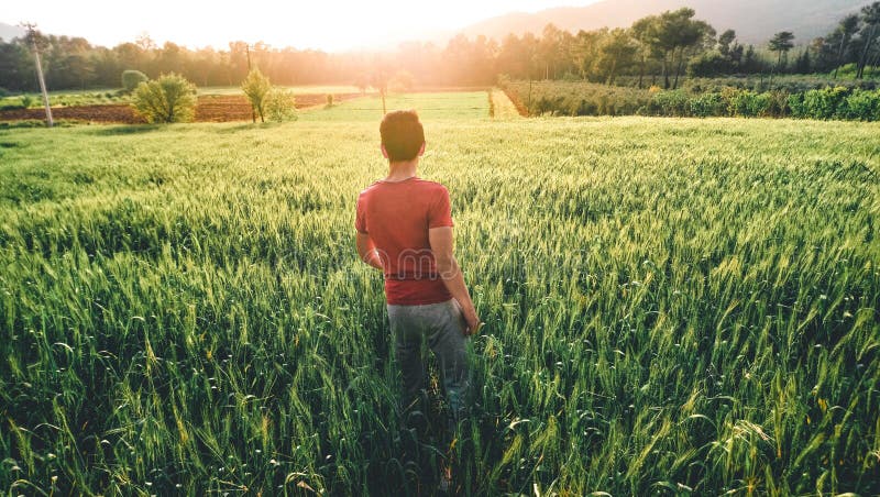 Man Walking Through Field Picture. Image: 114892517