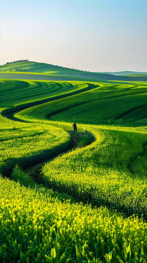 A Man Walking through a Field of Green Grass Stock Photo - Image of ...