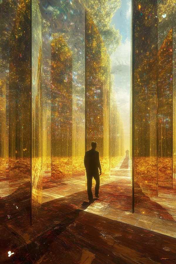 A Man Walking through a Field of Mirrors Each One Reflecting a ...