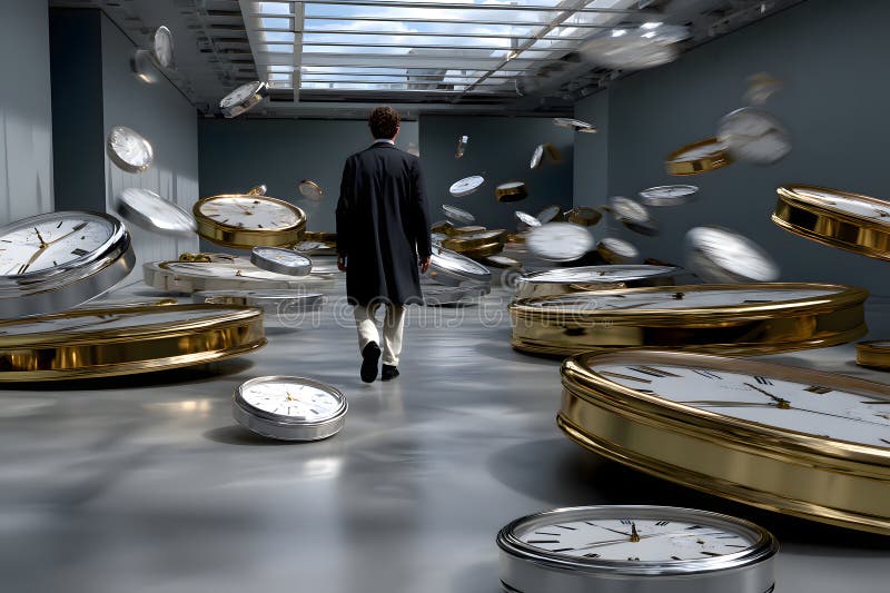Man Walking among Floating Clocks in Modern Room with Glass Ceiling ...