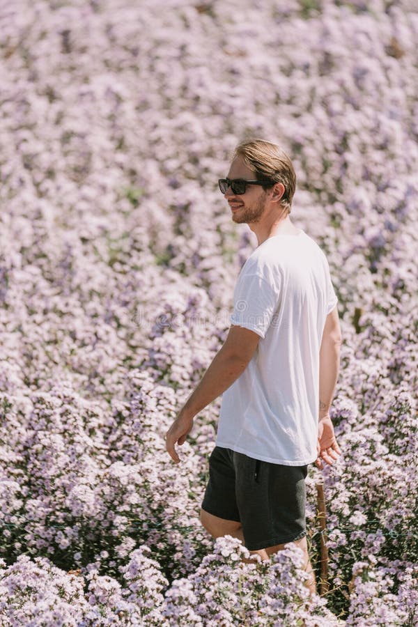 A Man Walking in Flower Field Stock Image - Image of sunglasses, flower ...