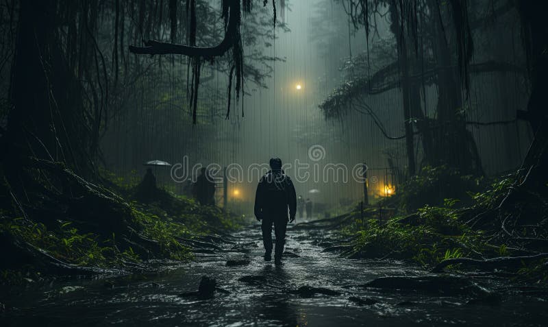 Man Walking through Forest at Night Stock Image - Image of foliage ...