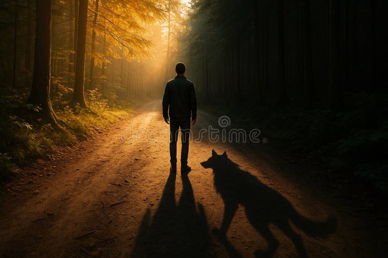 Man Walking Forest Path Casting Wolf Shadow at Sunrise Stock ...