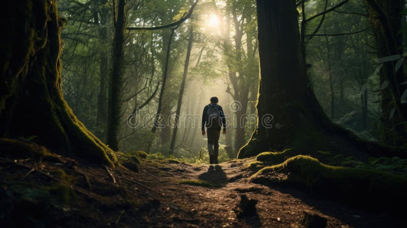 Man Walking Forest Sunlight Shining Trees Ai Stock Photos - Free ...