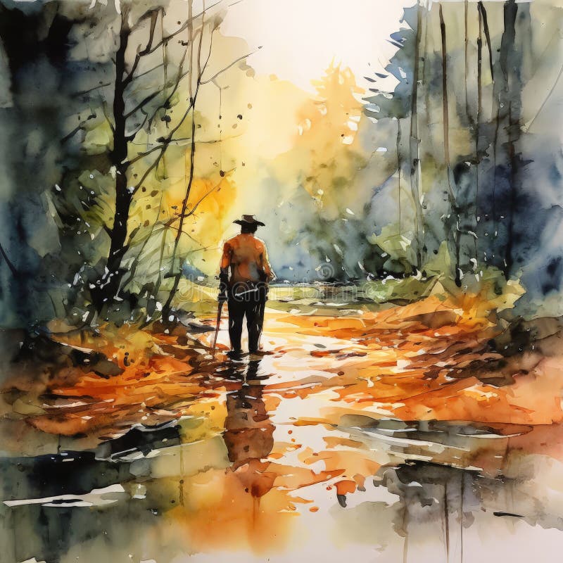 Man Walking in a Forest. Watercolor Painting Stock Illustration ...