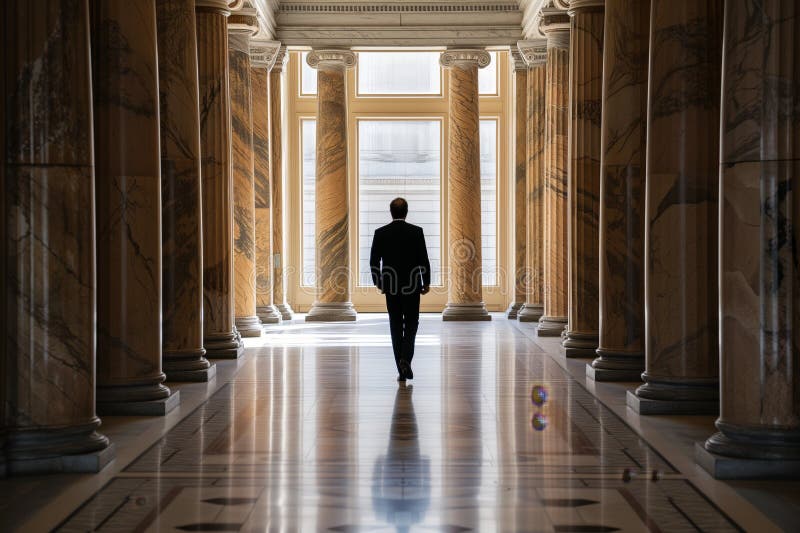 Man Walking through Foyer, Marble Columns on Each Side Stock Photo ...