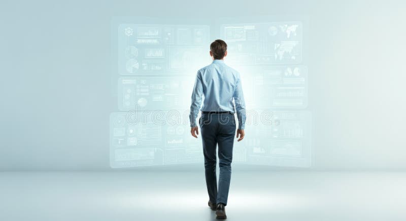 Man is Walking in Front of a Computer Monitor Stock Photo - Image of ...