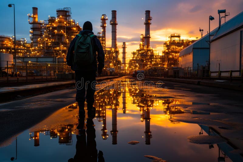 Oil Worker Walking Towards an Oil Refinery. a Man Walking Down a Street ...
