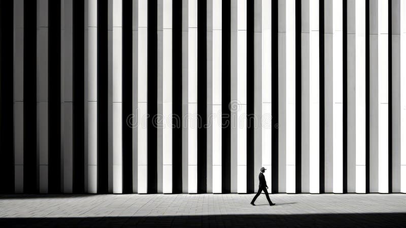 Man Walking in Front of Tall Building with Vertical Stripes on it ...