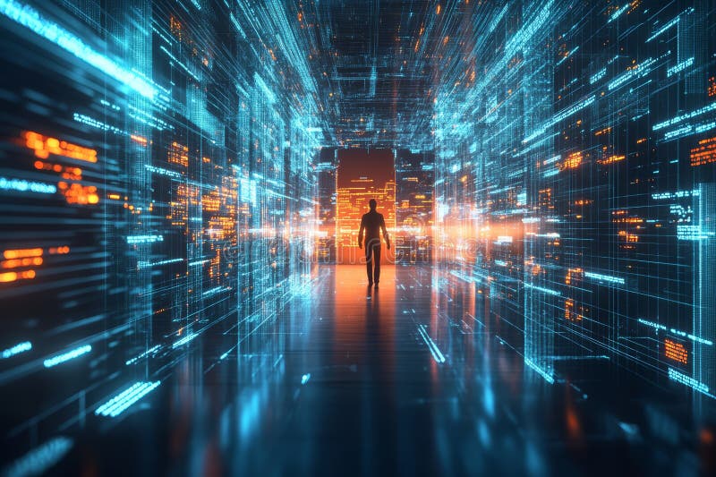 Man Walking through Futuristic Digital Corridor Stock Illustration ...