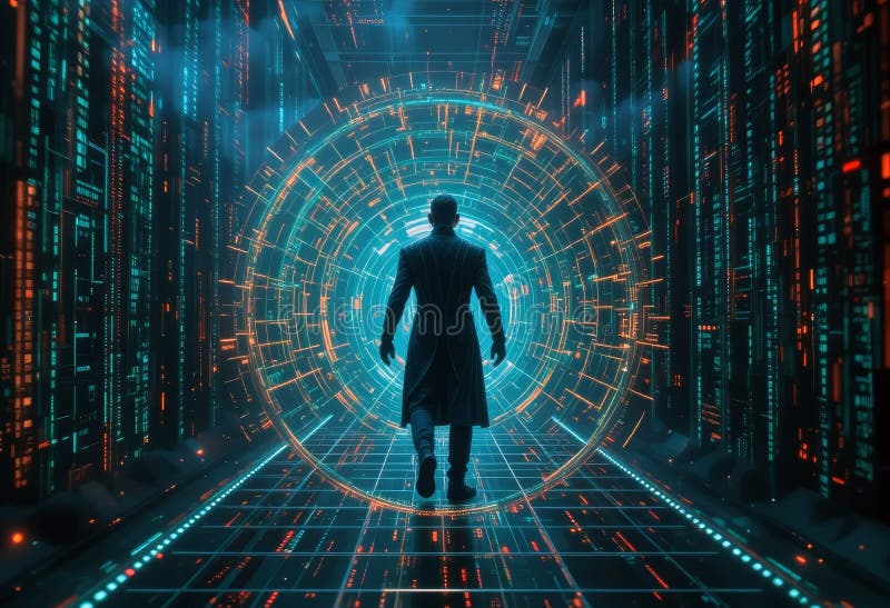 Man Walking through Futuristic Digital Portal in High Tech Cyber ...