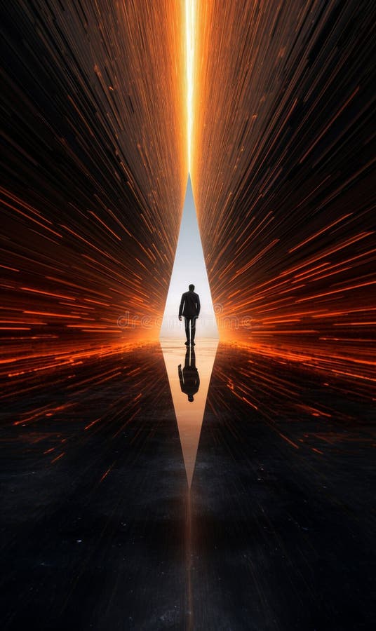 A Man Walking between the Glowing Thin Light Lines Background Stock ...
