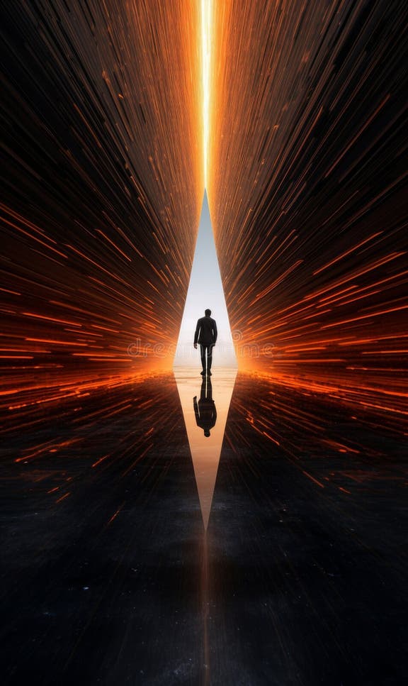 A Man Walking between the Glowing Thin Light Lines Background Stock ...
