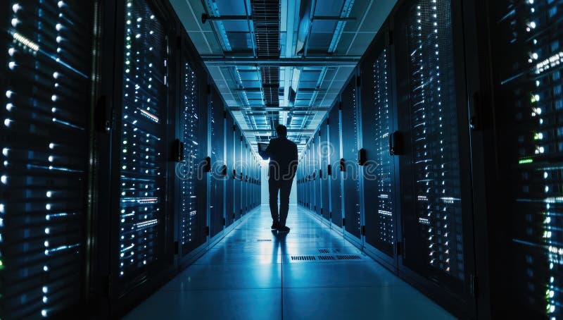 Man Walking between Illuminated Server Racks in a Data Center Stock ...