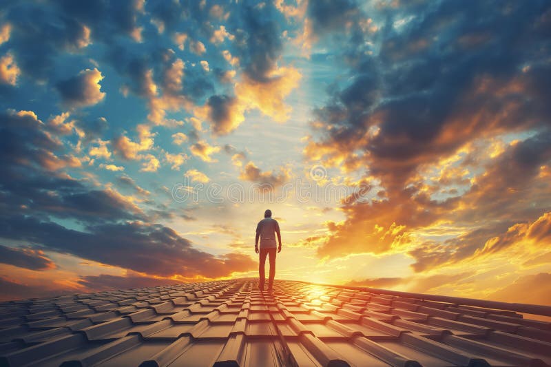 Man Walking on Infinite Roof Towards the Sky Stock Illustration ...