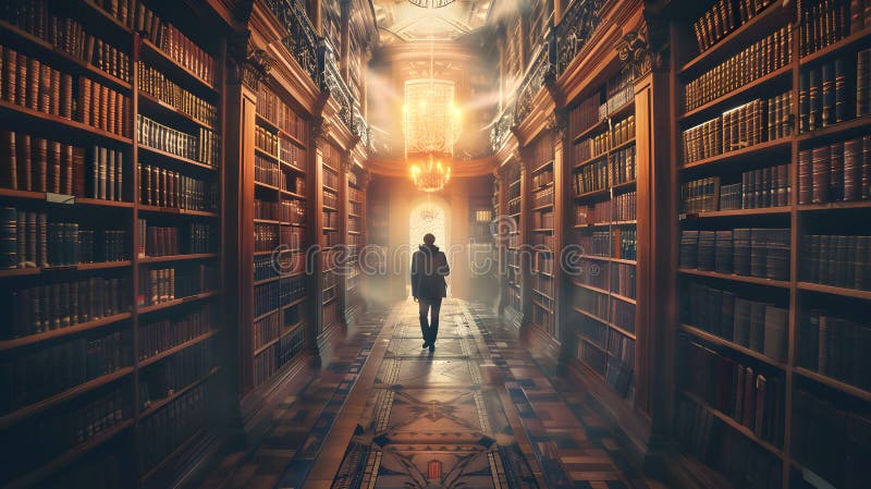 Man Walking in the Library. 3d Rendering Toned Image Double Exposure ...