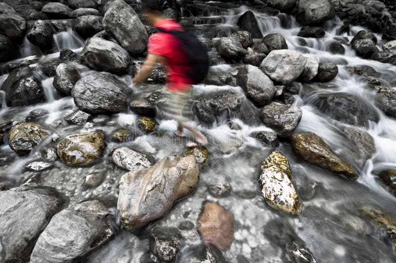 Man is Walking on Mountain Stream Stock Image - Image of stone, blur ...