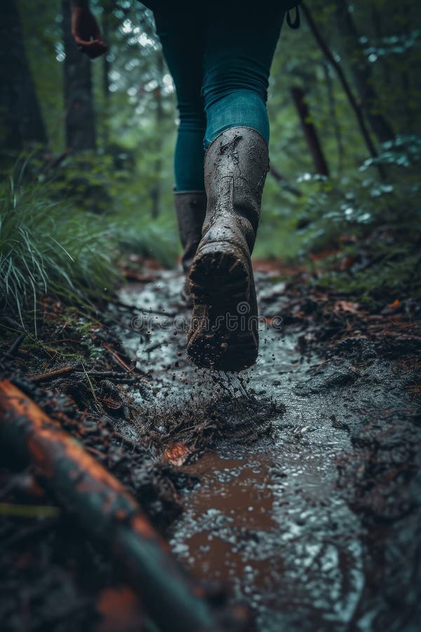 A Man Walking through Mud in the Middle of the Jungle in Rainy Weather ...