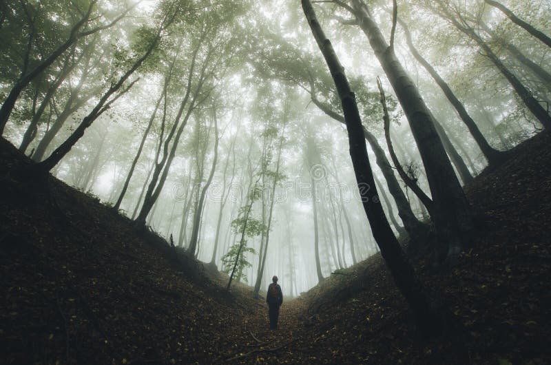 Man Walking in a Mysterious Symmetrical Forest with Fog Stock Photo ...
