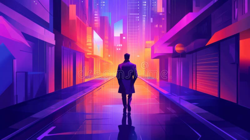 Man Walking in Neon City at Night Stock Illustration - Illustration of ...
