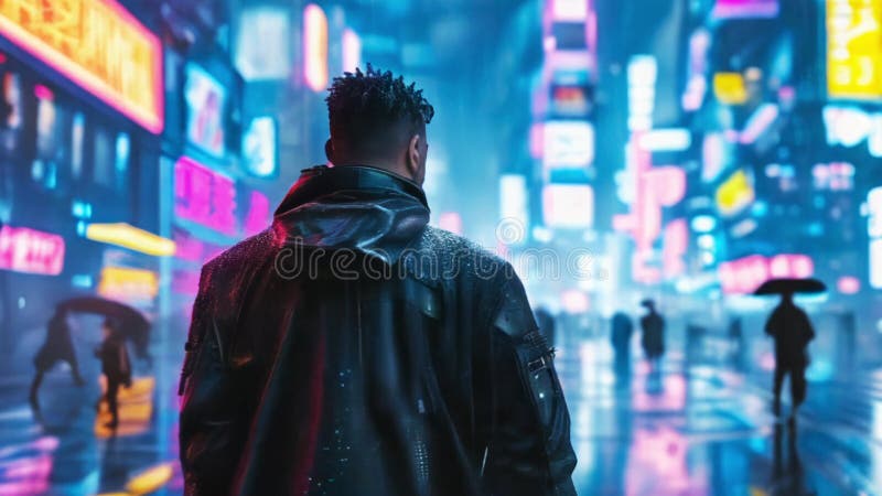 Man Walking in Night Neon City. Stock Footage - Video of alone, city ...